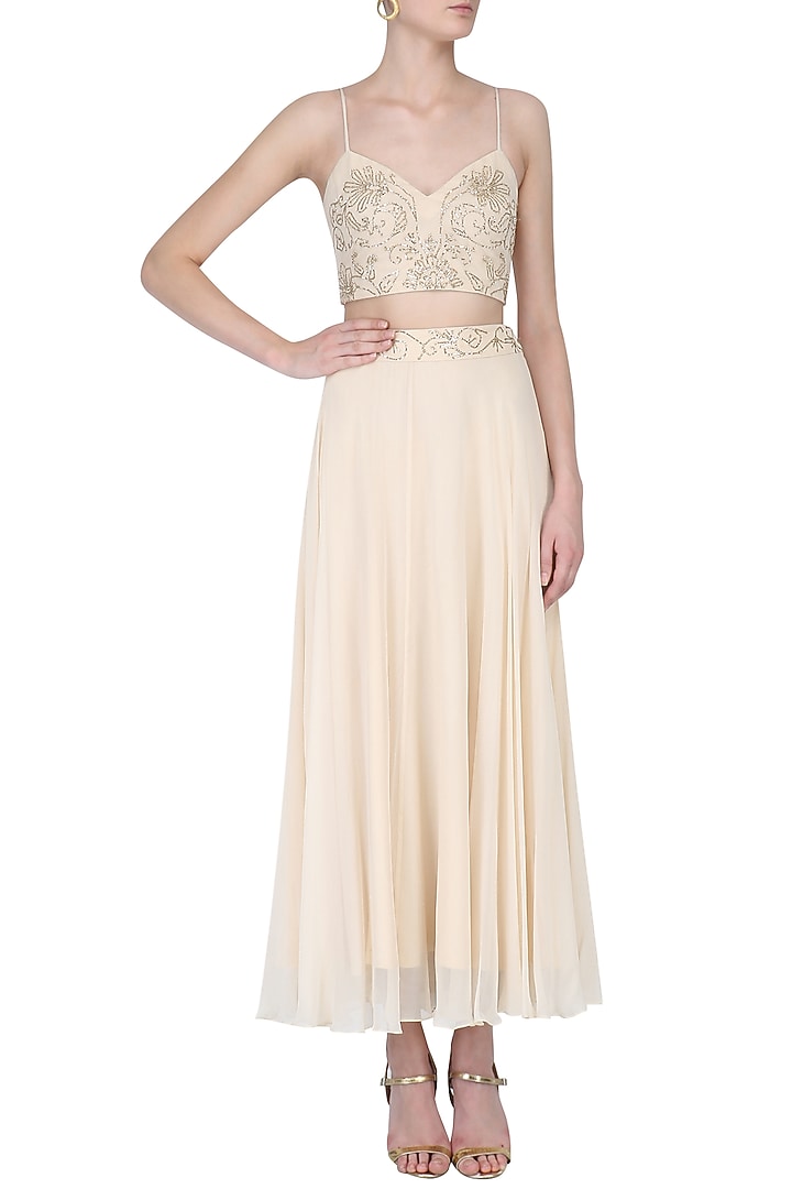 Light beige floral embroidered jacket, bralet and skirt set available ...