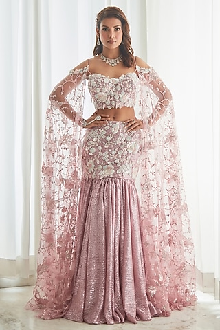 Mauve Crinkle Tulle 3D Floral Embroidered Mermaid Wedding Lehenga Set ...