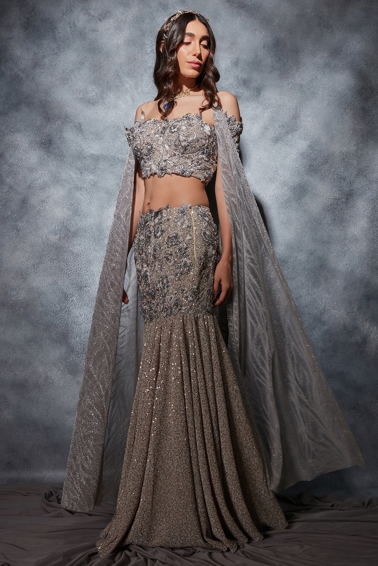 Silver Georgette Sequins Embroidered Mermaid Wedding Lehenga Set by ...
