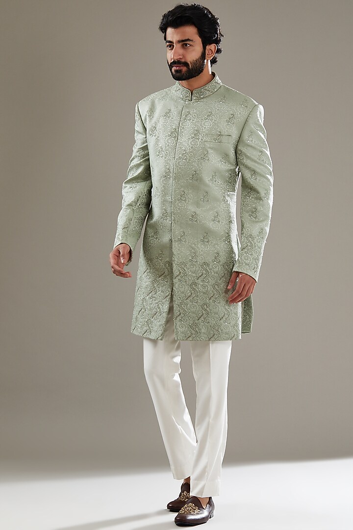 Buy SBJ Mint Green Self Jacquard Embroidered Indowestern Set at Pernia'sPopUpShopMen 2023
