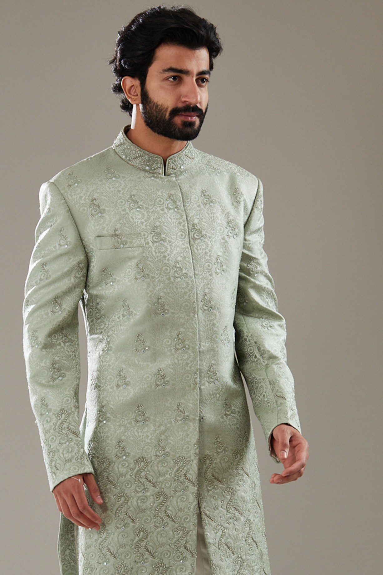 Buy SBJ Mint Green Self Jacquard Embroidered Indowestern Set at Pernia'sPopUpShopMen 2023