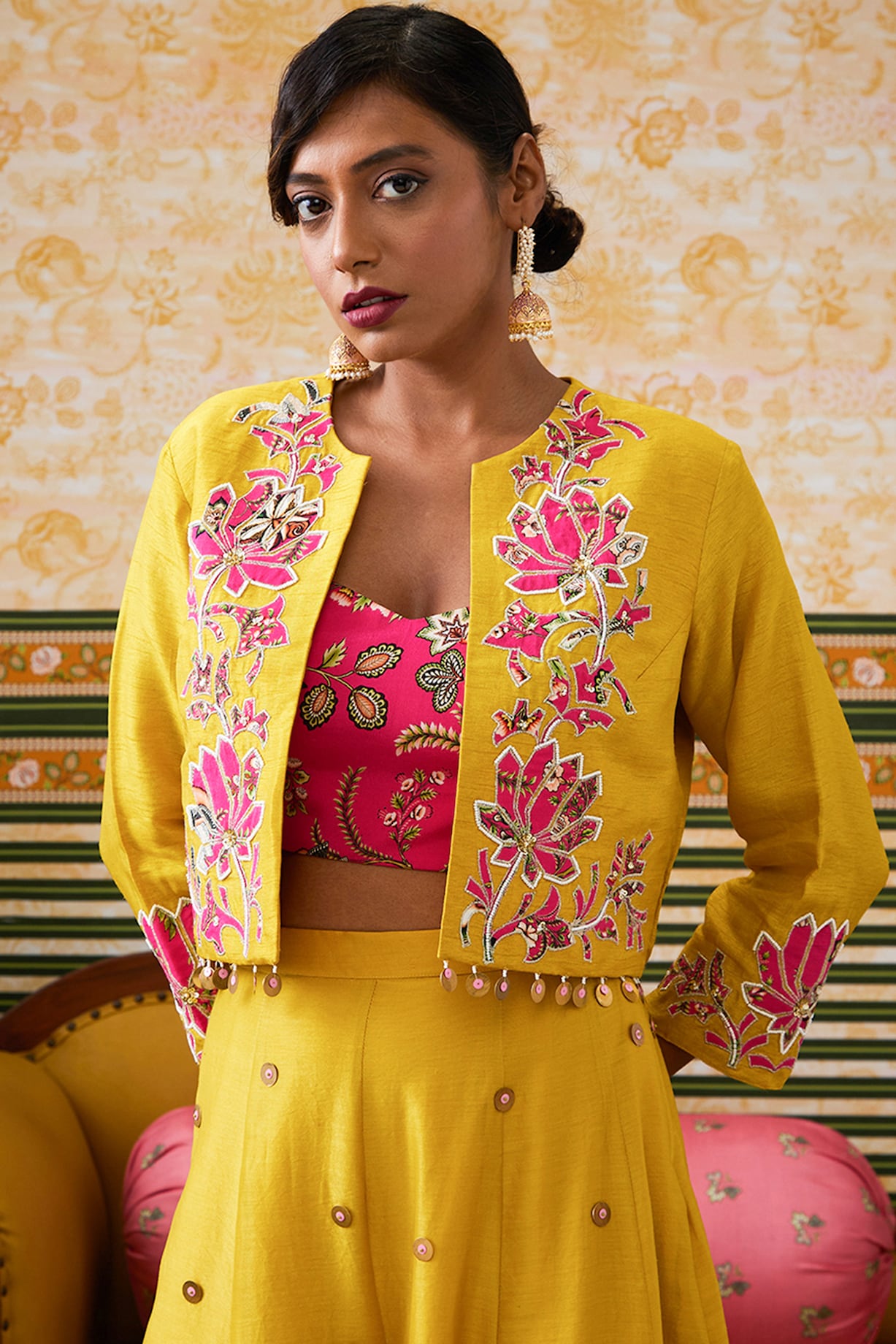 Yellow Chanderi Silk Patchwork Jacket Set by Soup by Sougat Paul at ...
