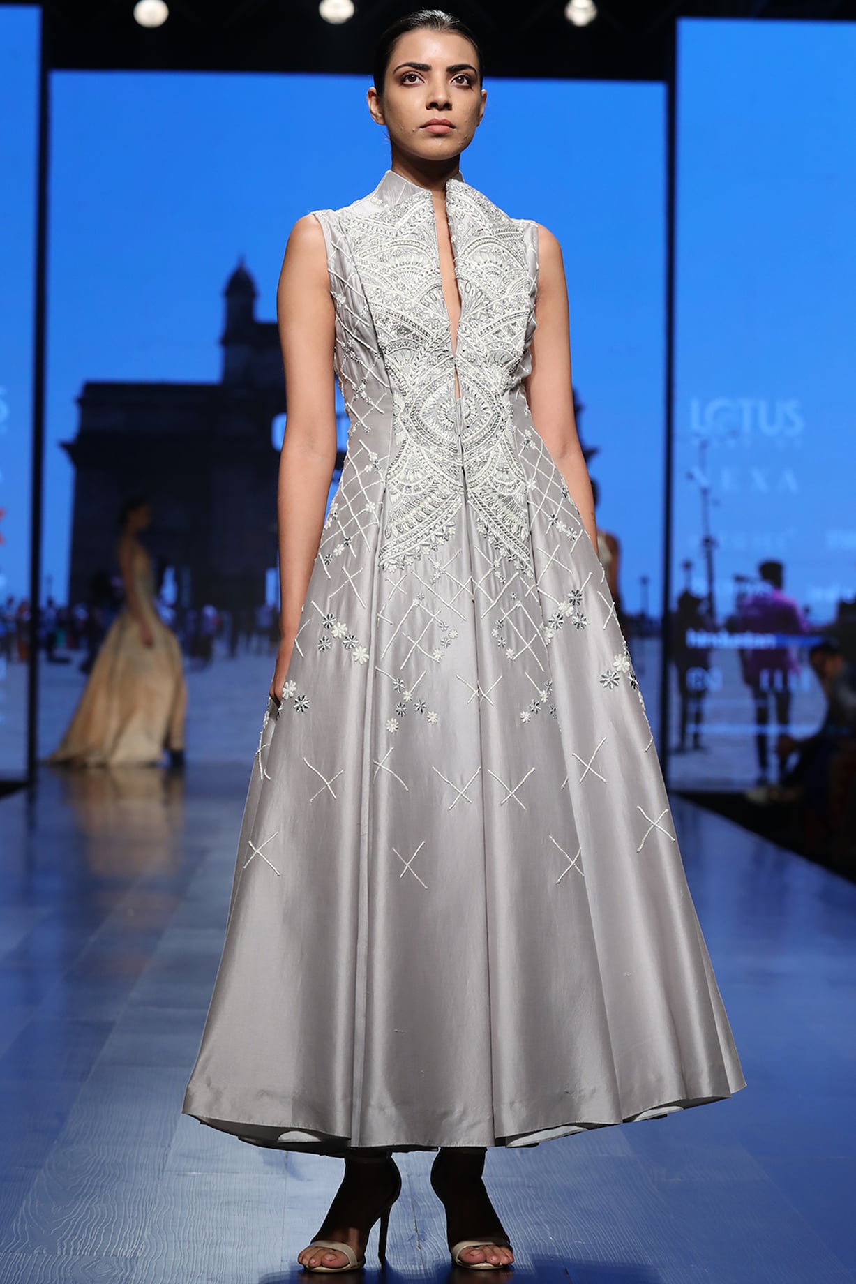 Grey Embroidered Front Open Gown by Samant Chauhan at Pernia's Pop Up ...