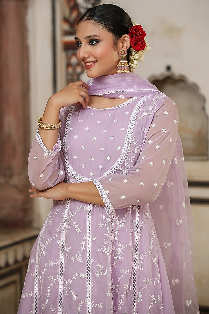 Lavender Organza Chikankari Embroidered Anarkali Set Design by Scakhi ...