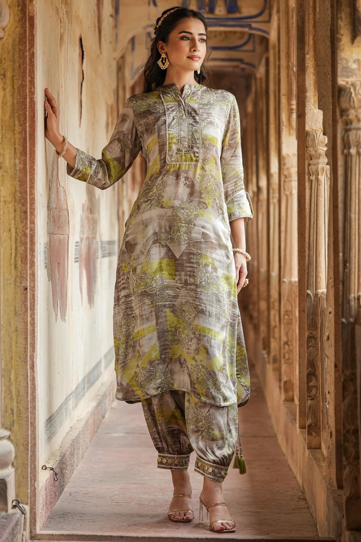 Grey Satin Gota Work Printed Pathani Kurta Set by Scakhi at Pernia's ...