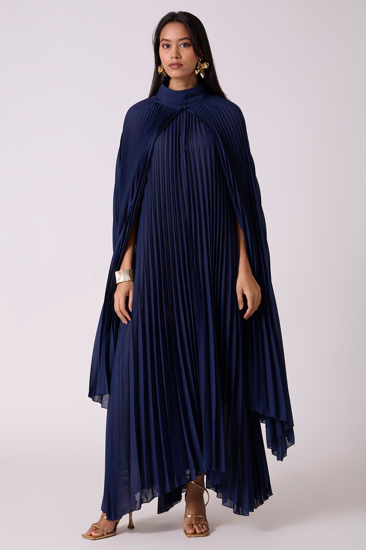 Navy Polyester Pleated Halter Cape Dress by Scarlet Sage at Pernia's ...