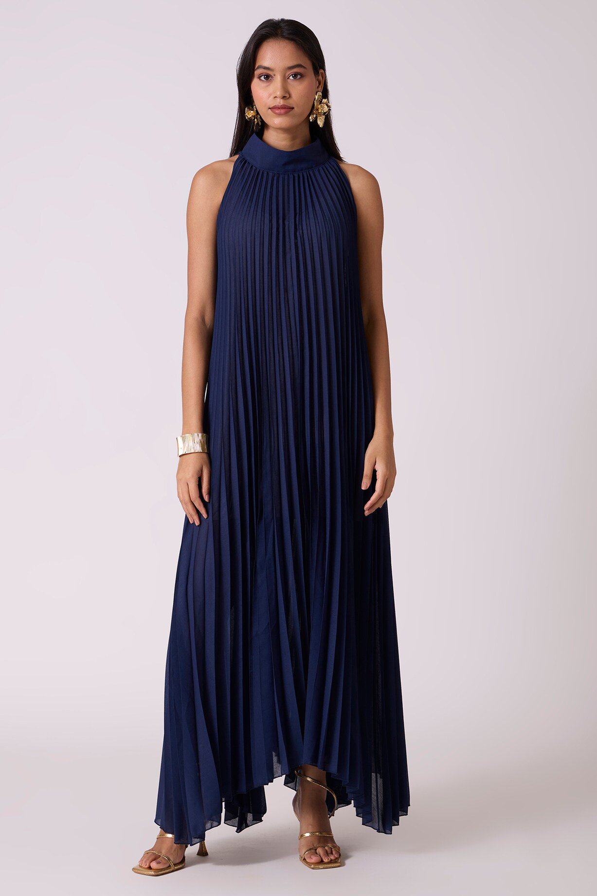 Navy Polyester Pleated Halter Cape Dress by Scarlet Sage at Pernia's ...