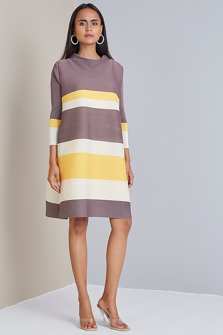 Taupe Yellow & Cream Polyester A-line Dress by Scarlet Sage at Pernia's ...