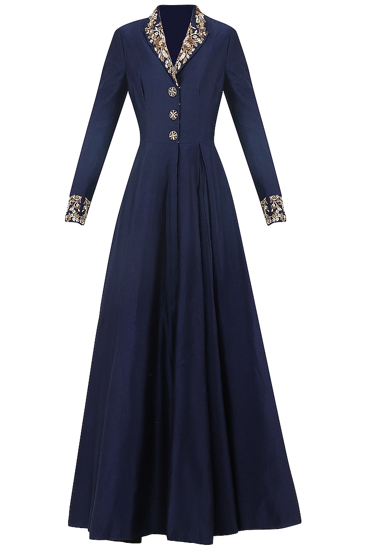 Navy blue embroidered front open gown available only at Pernia's Pop Up ...