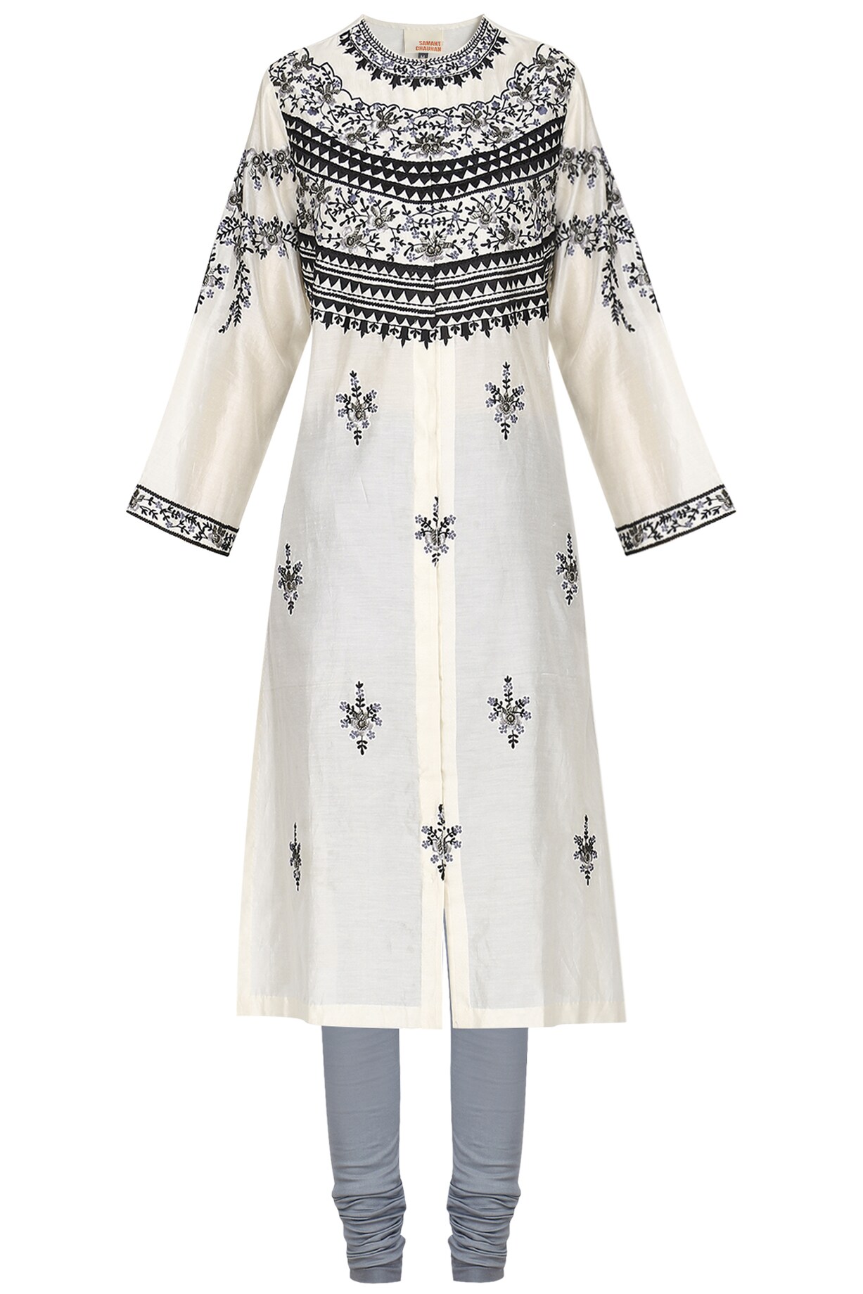 Off white zari and thread embroidered kurta with churidar pants ...