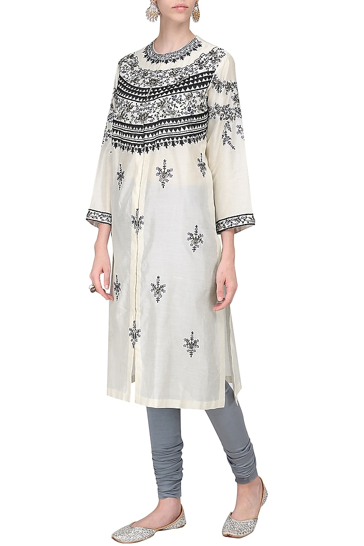 Off white zari and thread embroidered kurta with churidar pants ...