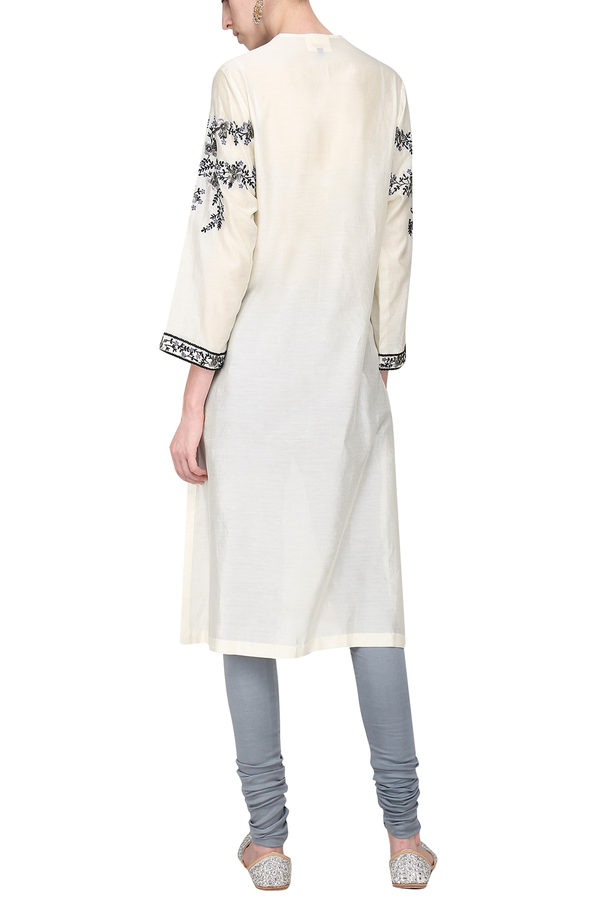 Off white zari and thread embroidered kurta with churidar pants ...