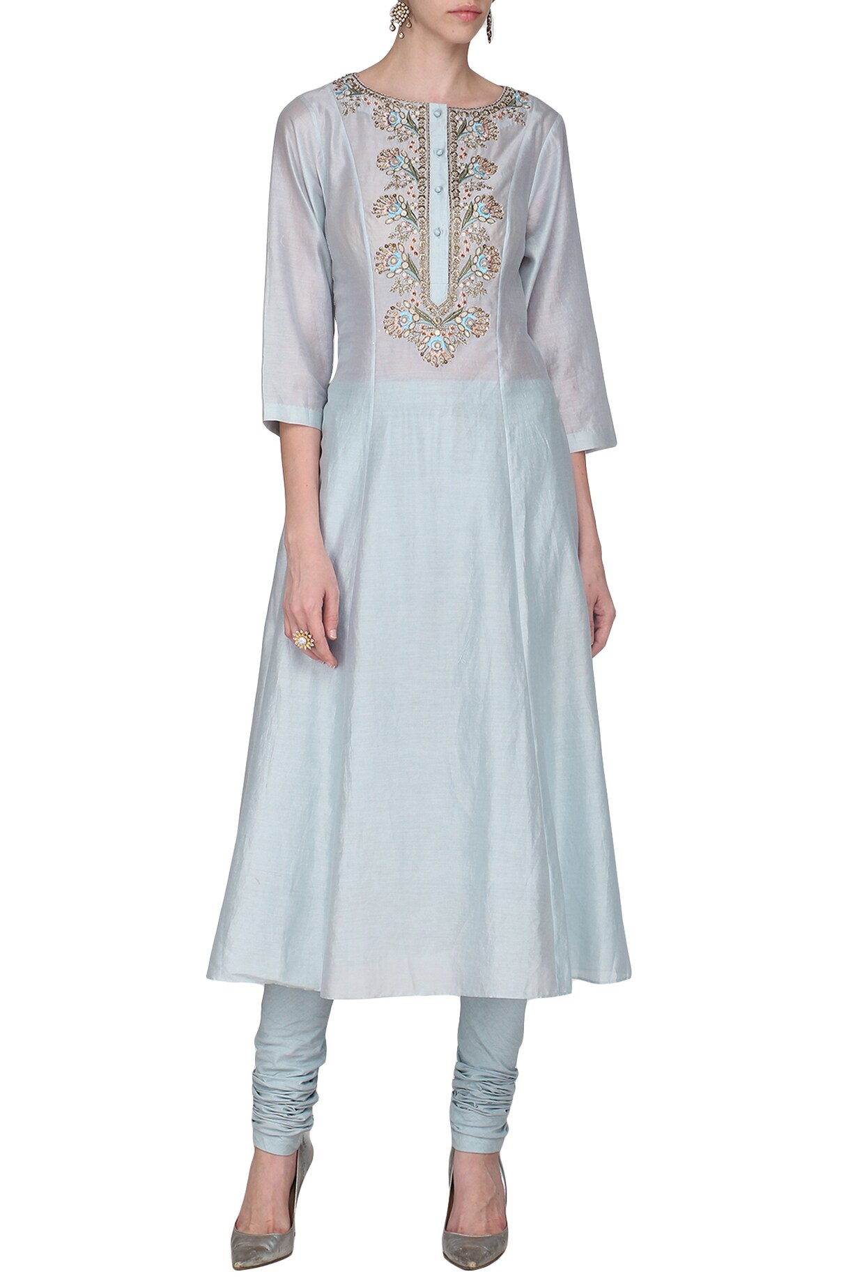 Powder blue zari embroidered kurta with churidar pants available only ...