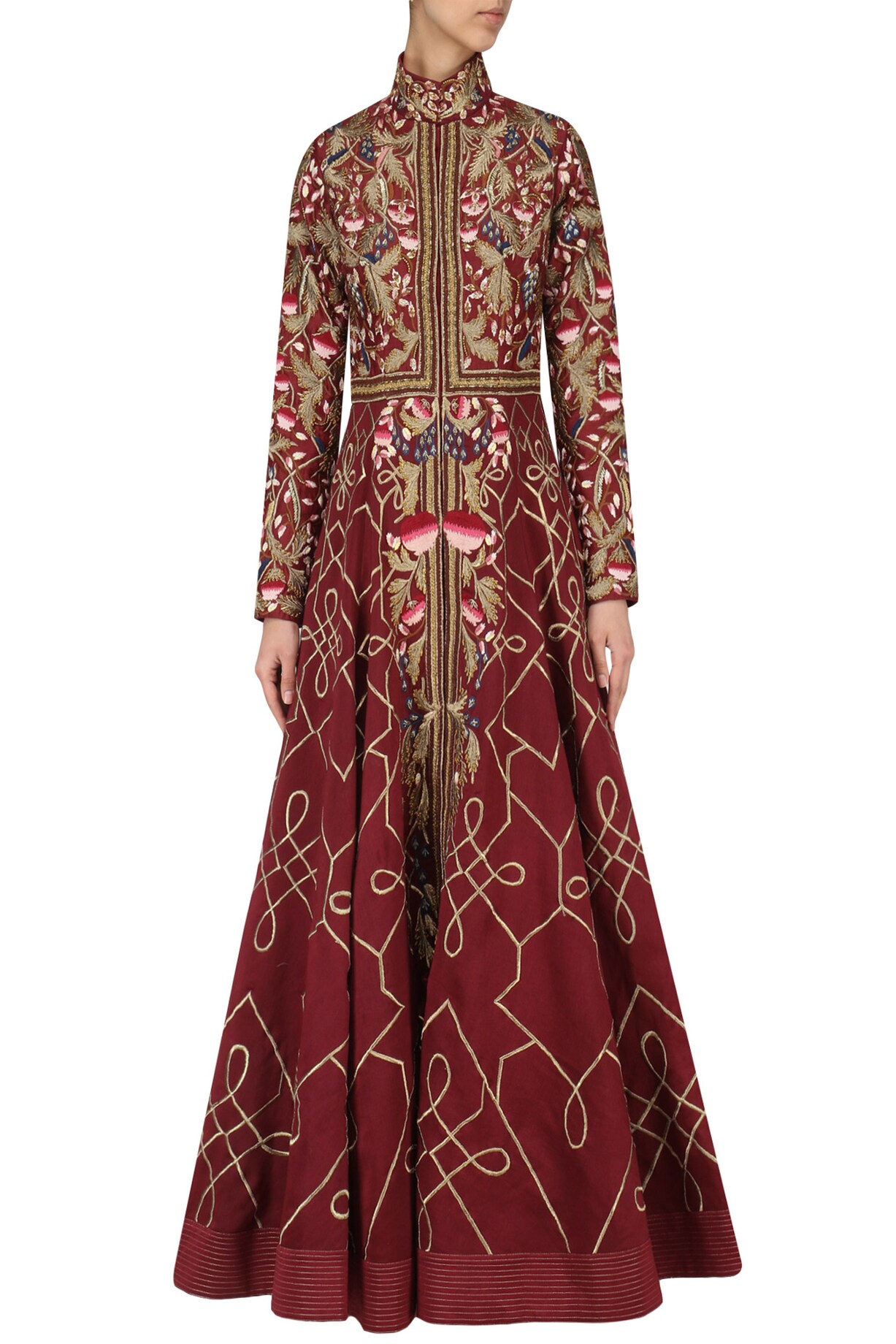 Wine thread work jacket gown available only at Pernia's Pop Up Shop. 2024