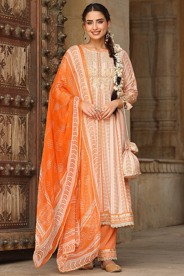 Orange German Rayon Embroidered & Printed Anarkali Set by Scakhi at ...