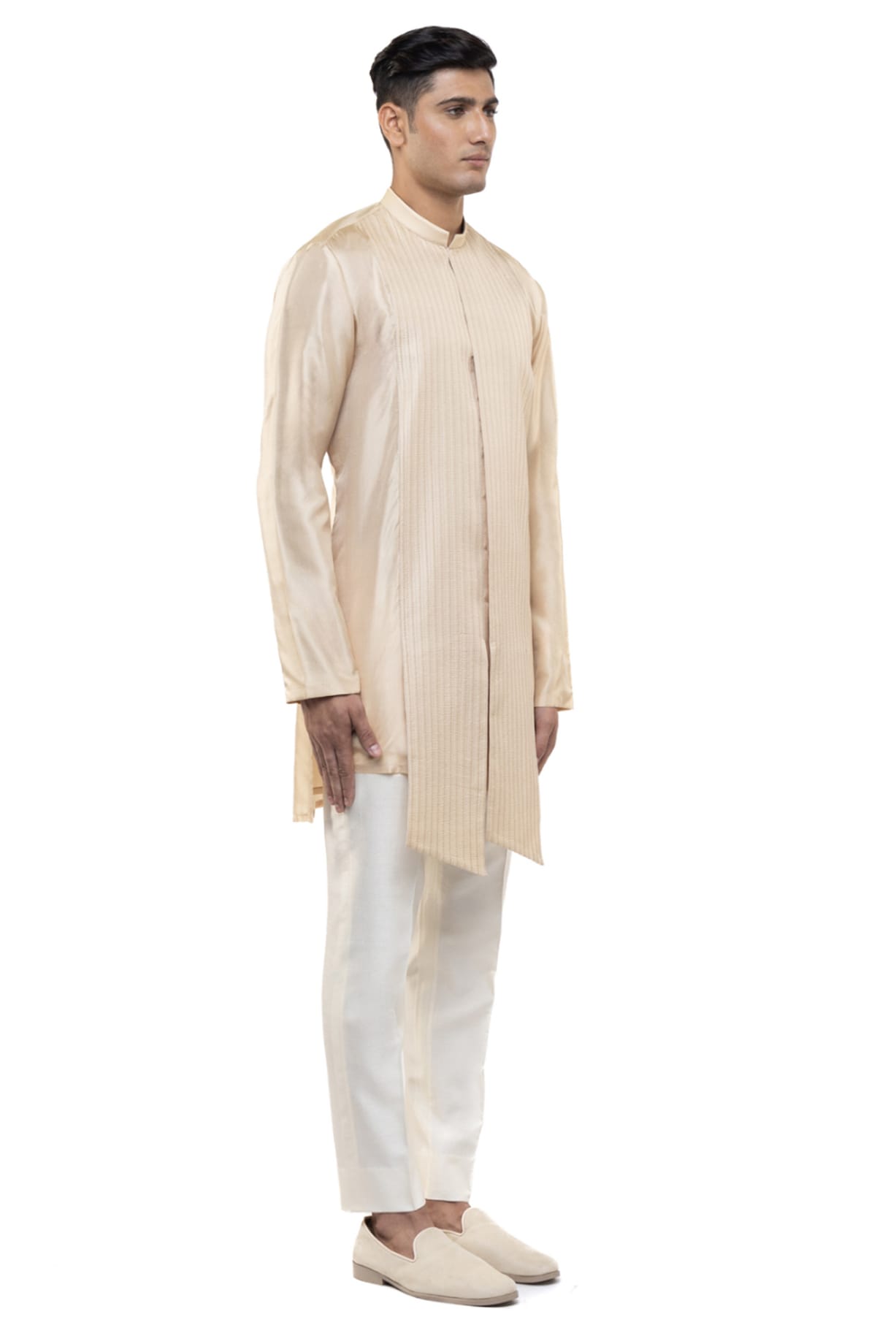 Beige Silk Asymmetric Pleated Kurta Set by SDS by KUSHAL SHAH at Pernia's Pop Up Shop 2025
