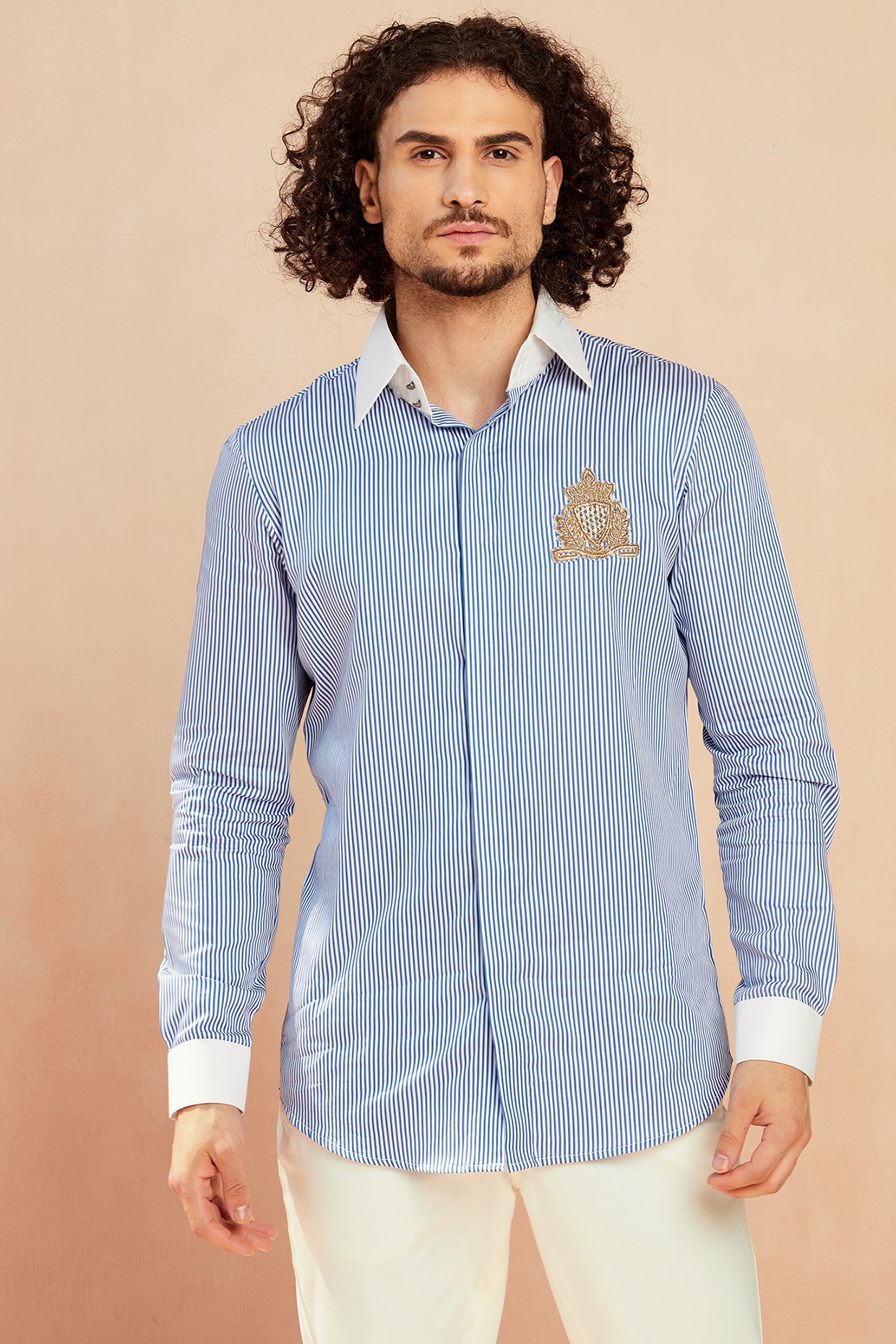 Navy Blue Striped Shirt by SEVENDC MEN at Pernia's Pop Up Shop 2025