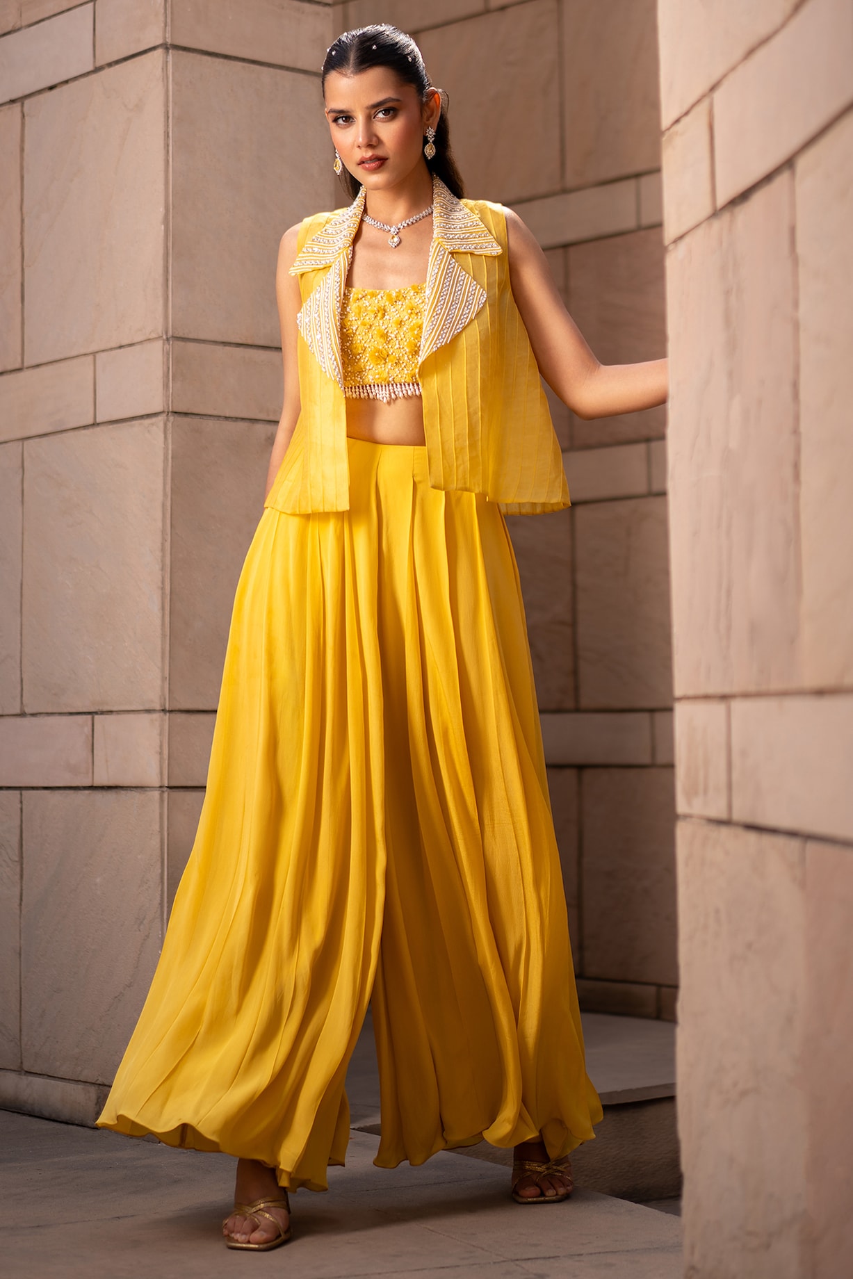 Honey Yellow Organza Cutdana Embroidered Jacket Set by Seeaash at ...