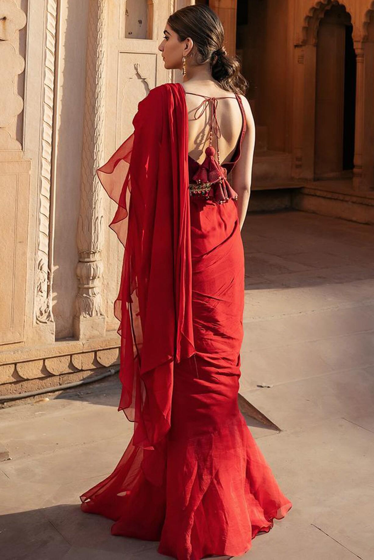 Ruby Red Ruffled Pre-Stitched Saree Set by Seeaash at Pernia's Pop Up ...