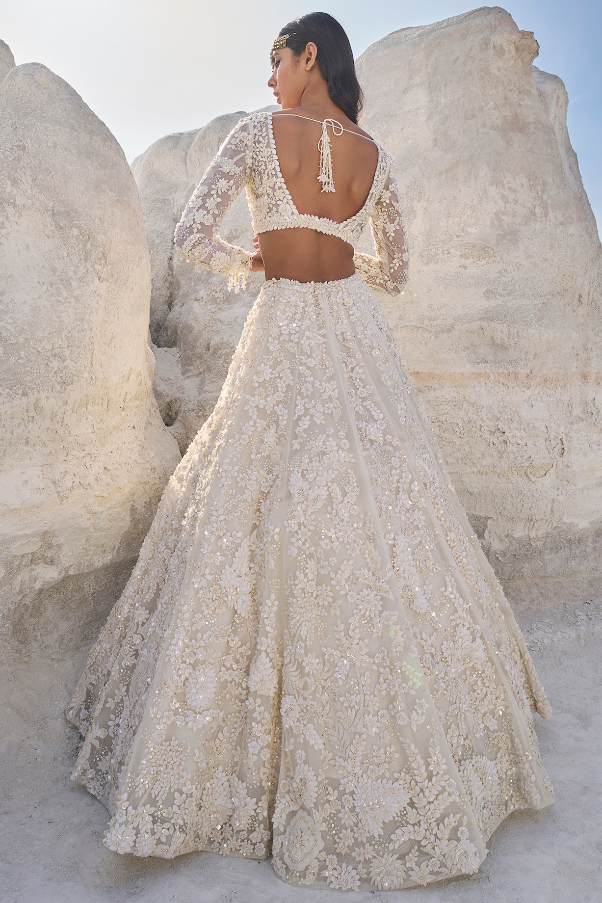 Cream Net Pearl Embroidered Bridal Lehenga Set by Seema Gujral at ...