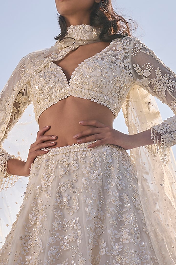 Cream Net Embroidered Lehenga Set Design by Seema Gujral at Pernia's ...