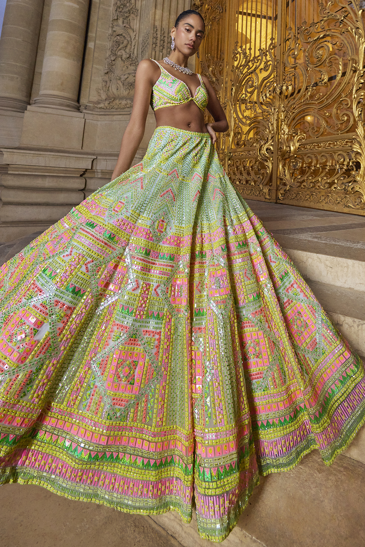 Neon Multi Colored Net Sequins Embroidered Bridal Lehenga Set By Seema