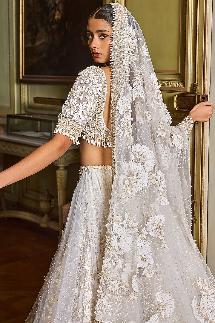 Ivory Net Floral Embroidered Bridal Lehenga Set by Seema Gujral at ...