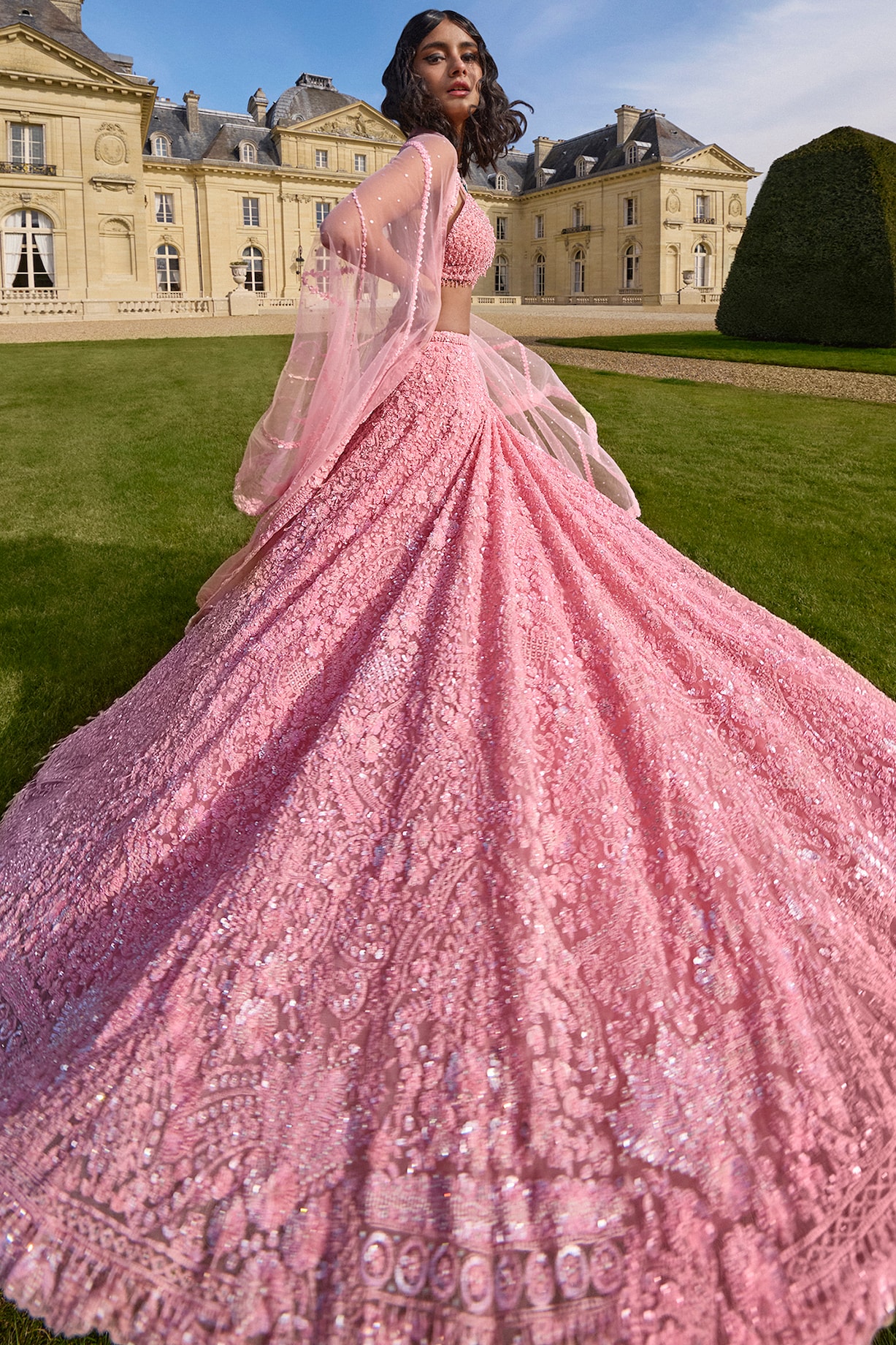 Pink Net Crystal Embroidered Bridal Lehenga Set by Seema Gujral at ...