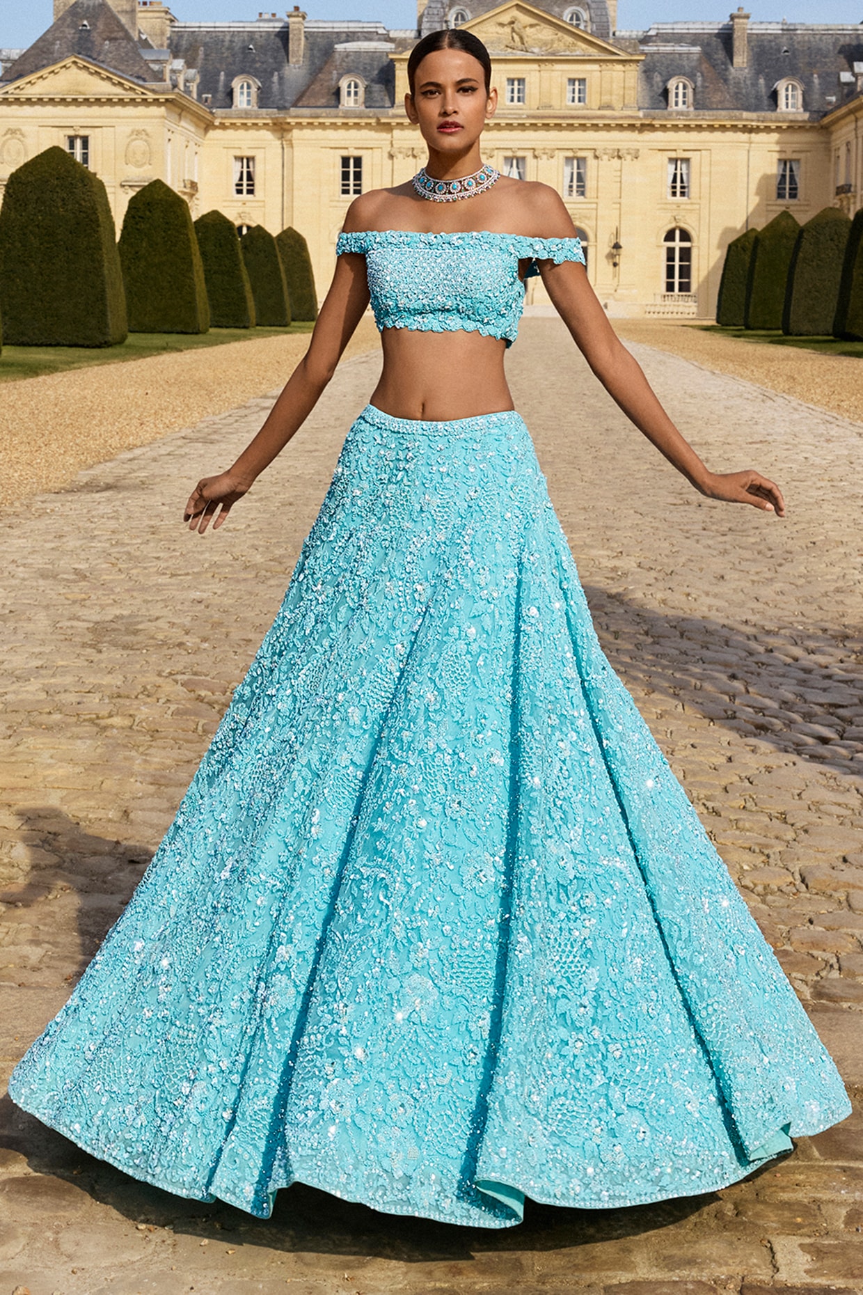 Turquoise Net Sequins Embroidered Bridal Lehenga Set by Seema Gujral at ...