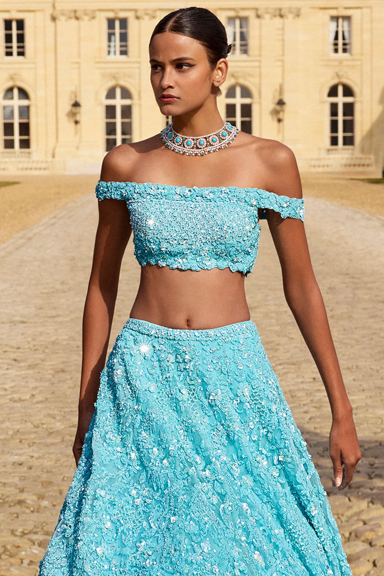 Turquoise Net Sequins Embroidered Bridal Lehenga Set by Seema Gujral at ...
