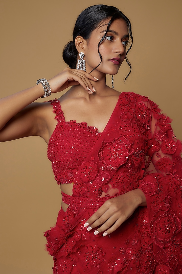 Ruby Red Net Hand Embroidered Saree Set by Seema Gujral at Pernia's Pop Up Shop 2025