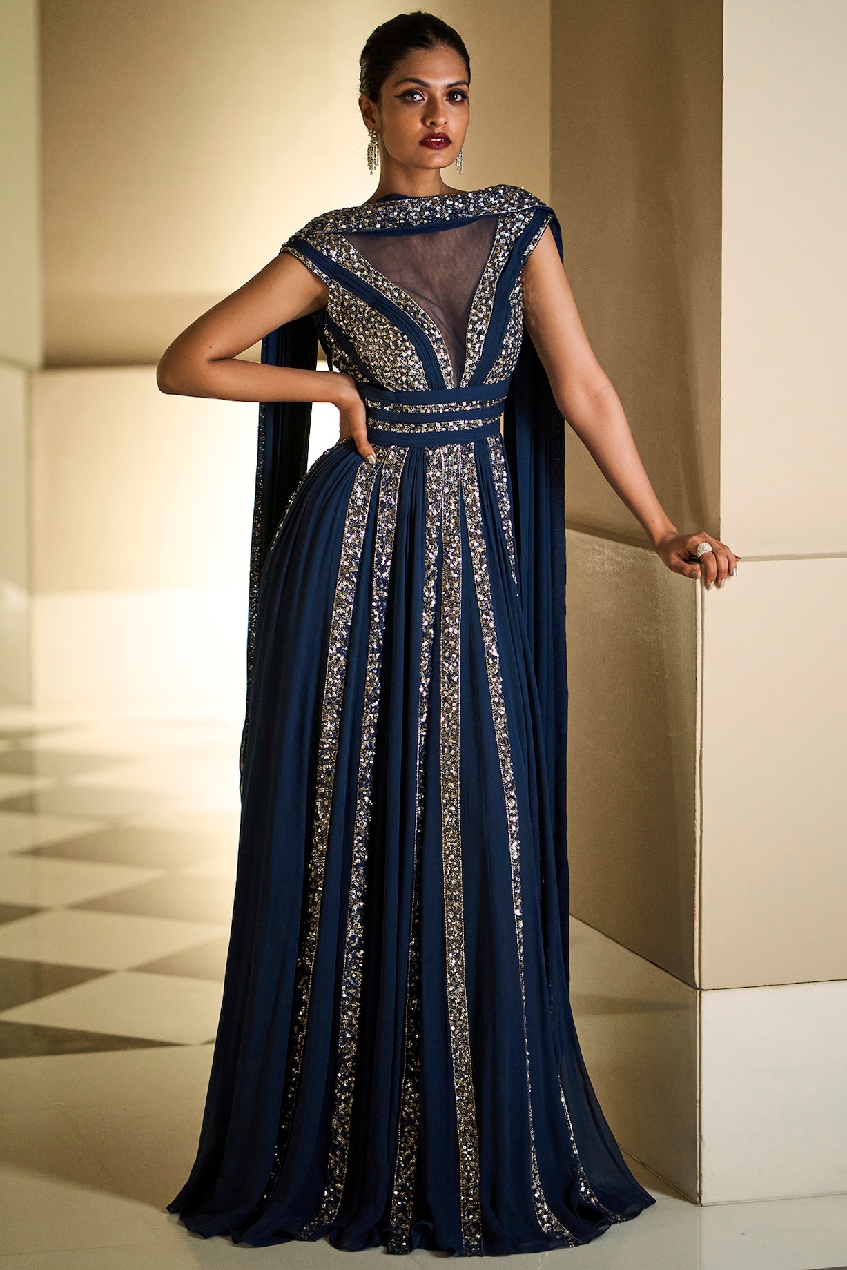 Navy Blue Embroidered Gown by Seema Gujral at Pernia's Pop Up Shop 2024