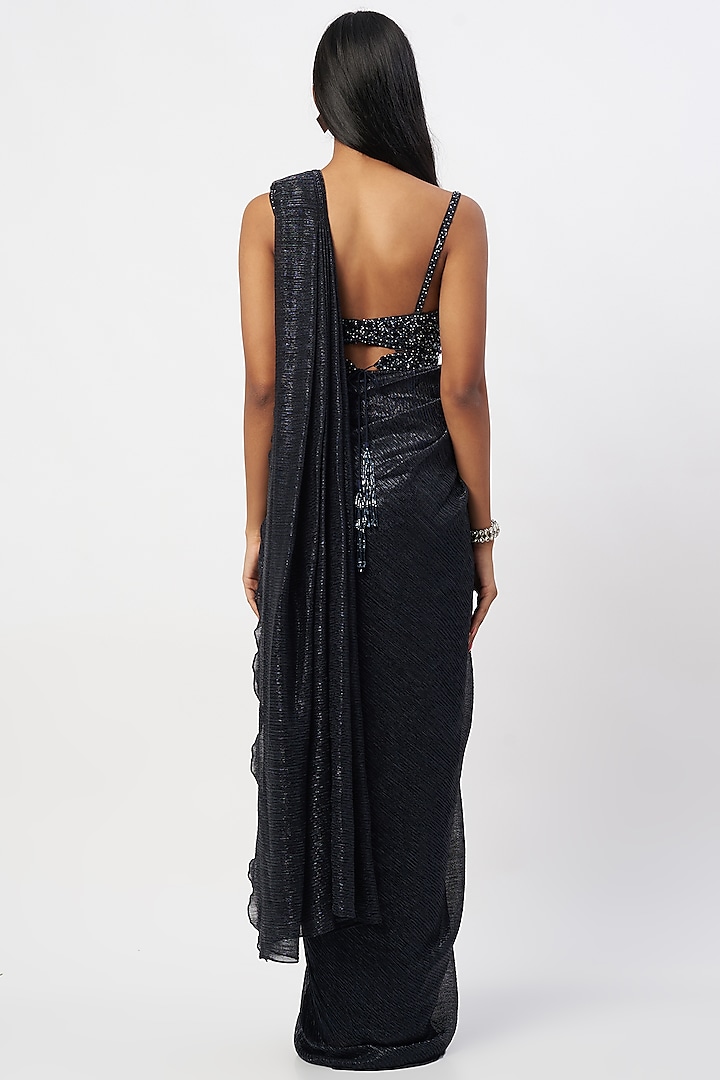 Navy Blue Embroidered Pre-Draped Saree Set by Seema Gujral at Pernia's ...