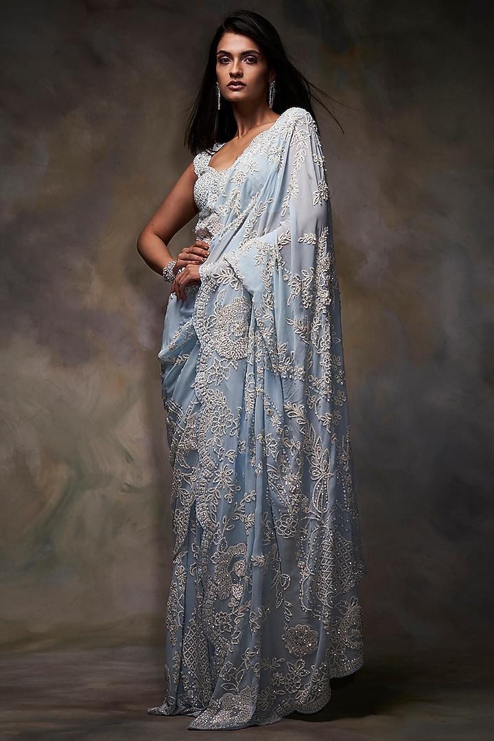 Powder Blue Ivory Embroidered Saree Set by Seema Gujral at Pernia's Pop ...