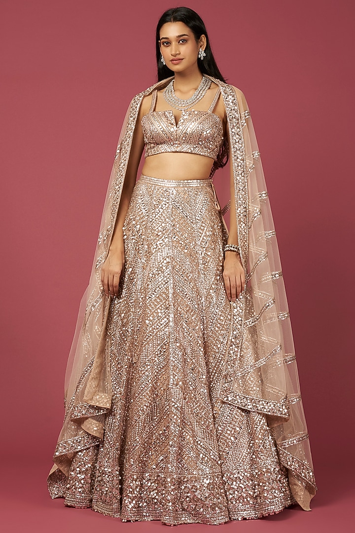 Rose Gold Net Metallic Sequins Embroidered Bridal Lehenga Set by Seema ...