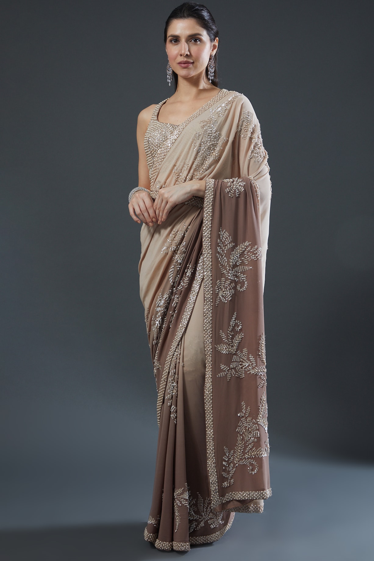 Beige Georgette Pearl & Sequins Embroidered Ombre Saree Set by Seema ...