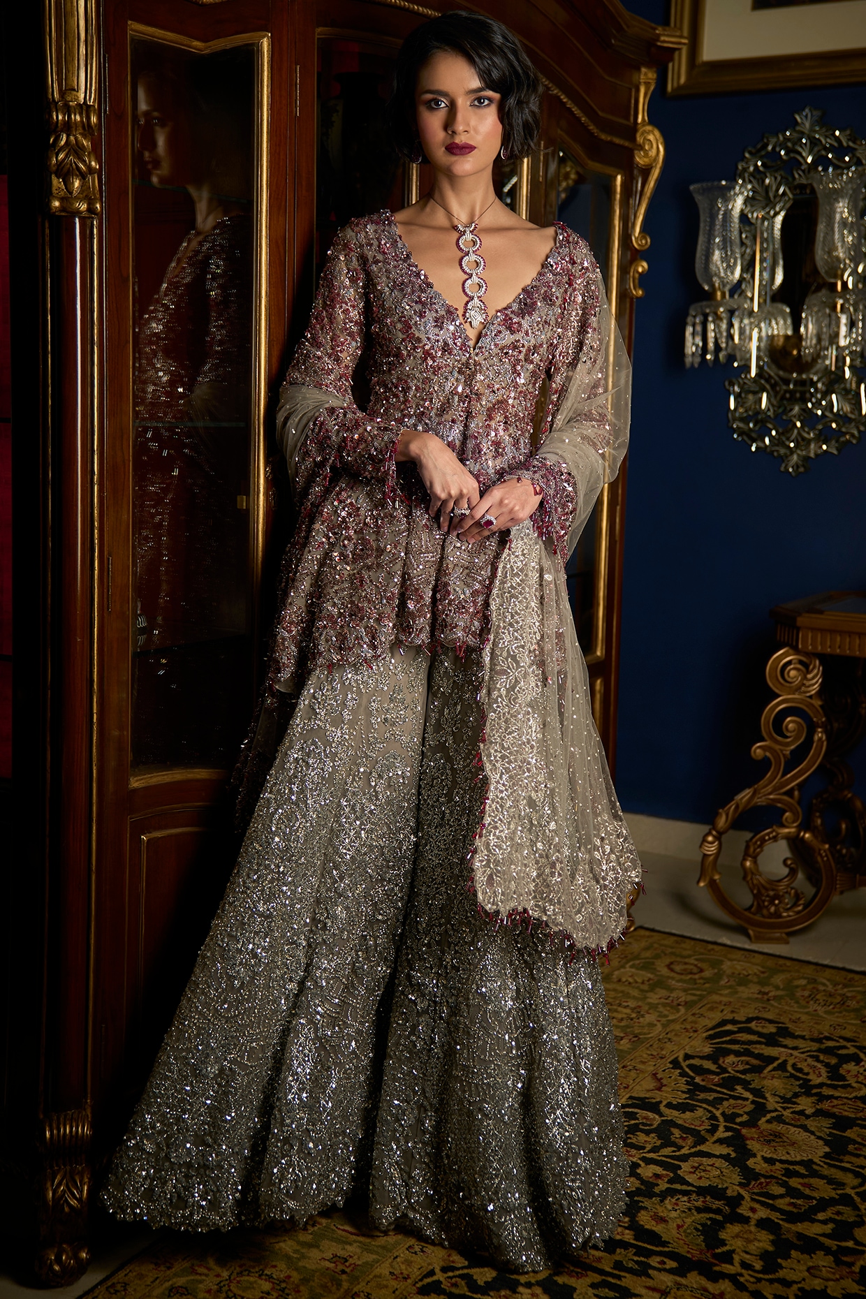 Silver Net Embroidered High-Low Sharara Set by Seema Gujral at Pernia's ...