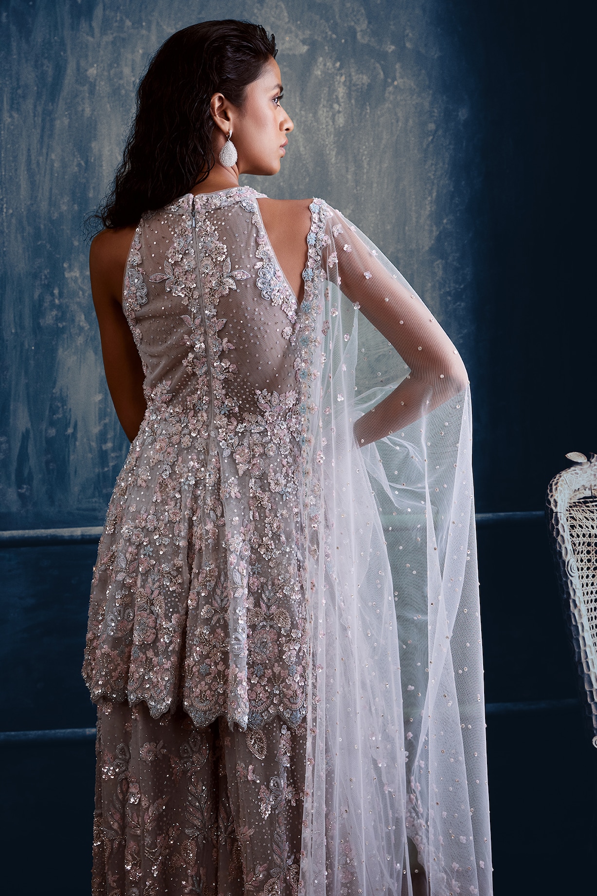 Ash Grey Net Floral Motifs Embroidered Sharara Set by Seema Gujral at ...