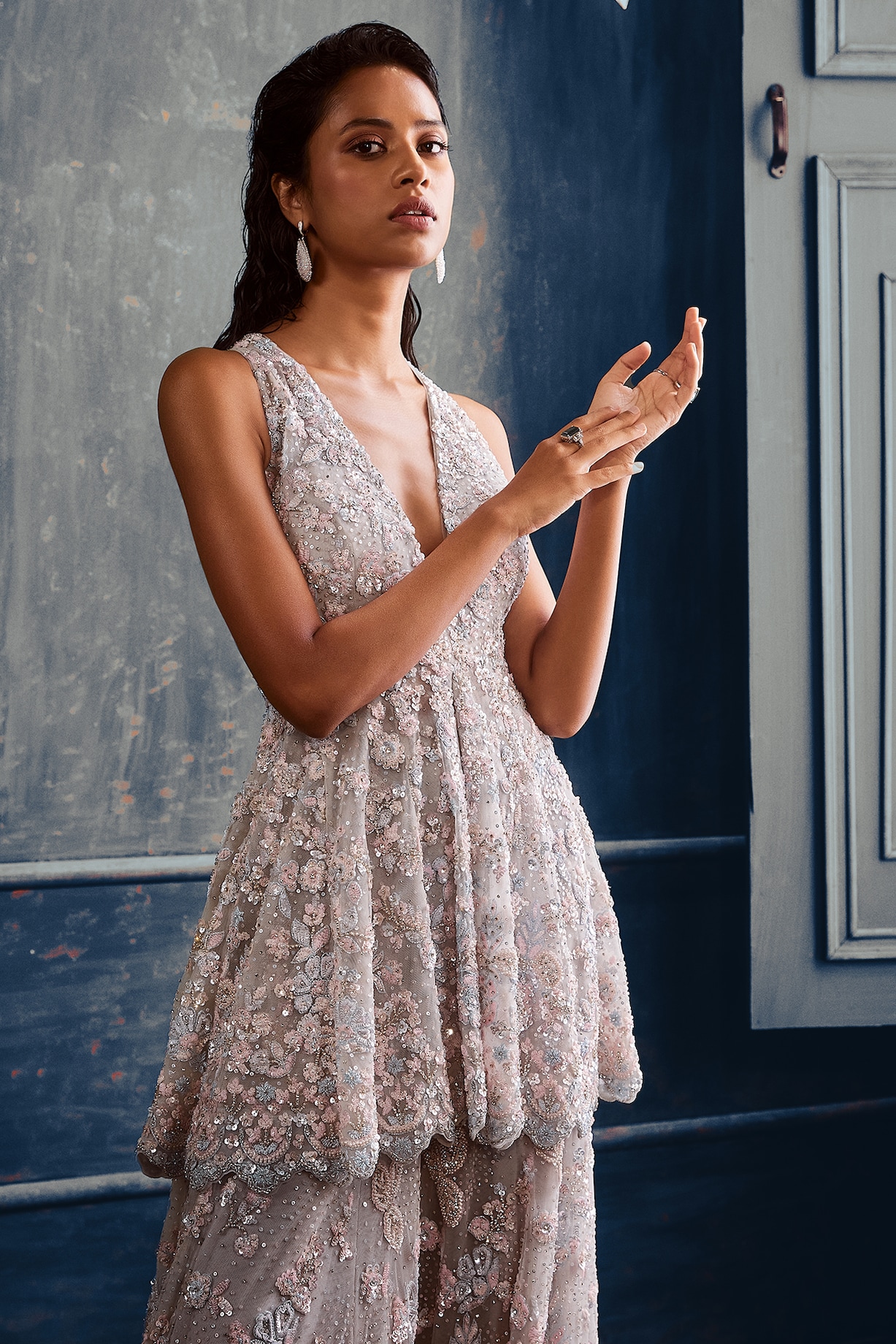 Ash Grey Net Floral Motifs Embroidered Sharara Set by Seema Gujral at ...