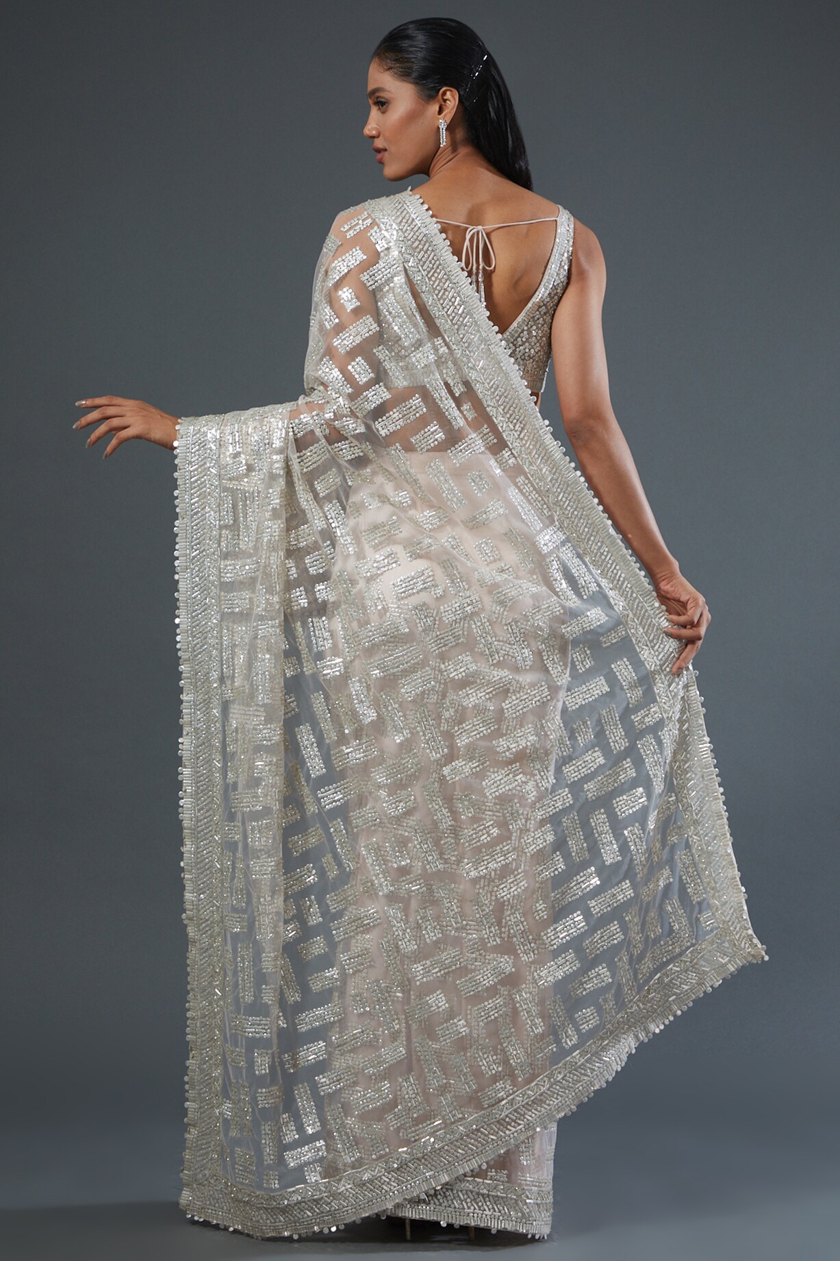 Silver Net Sequins Embroidered Saree Set by Seema Gujral at Pernia's ...