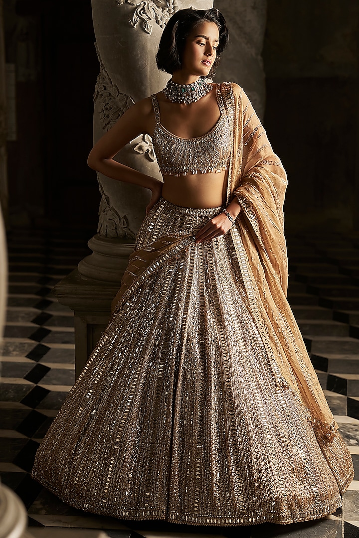 Gold Net Mirror & Sequins Embroidered Bridal Lehenga Set by Seema ...