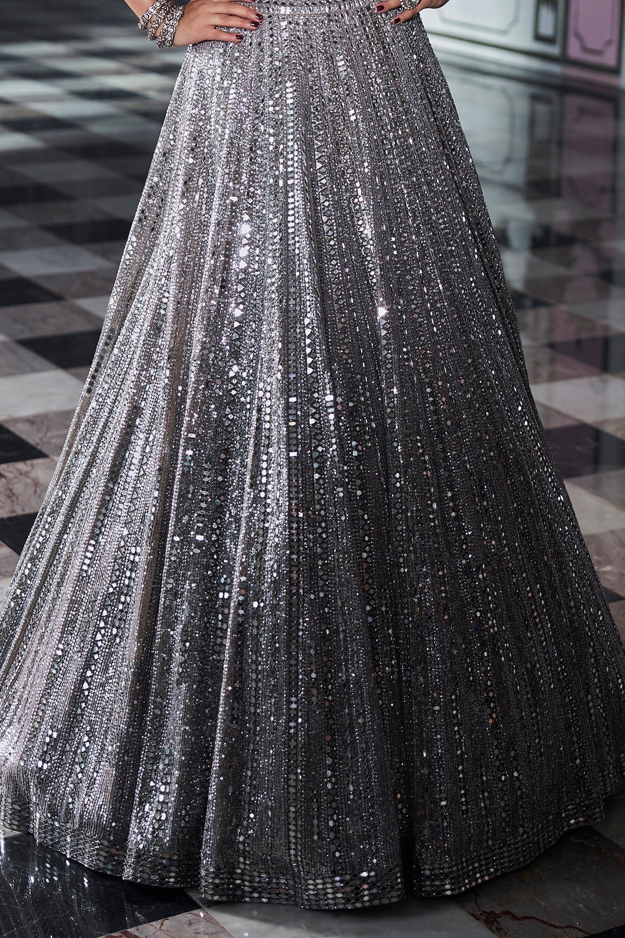 Silver Net Sequins Embroidered Bridal Lehenga Set by Seema Gujral at ...