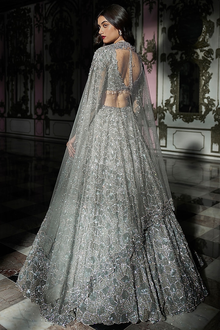 Silver Net Sequins Embroidered Bridal Lehenga Set by Seema Gujral at ...