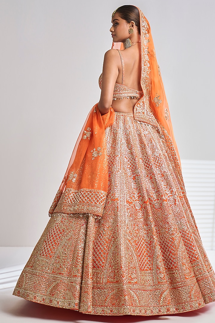 Bright Orange Raw Silk Gota Patti Embroidered Bridal Lehenga Set by ...