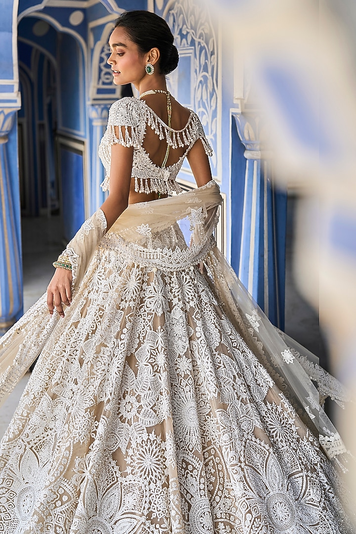 Nude Cream Net Sequins & Pearl Embroidered Bridal Lehenga Set by Seema ...