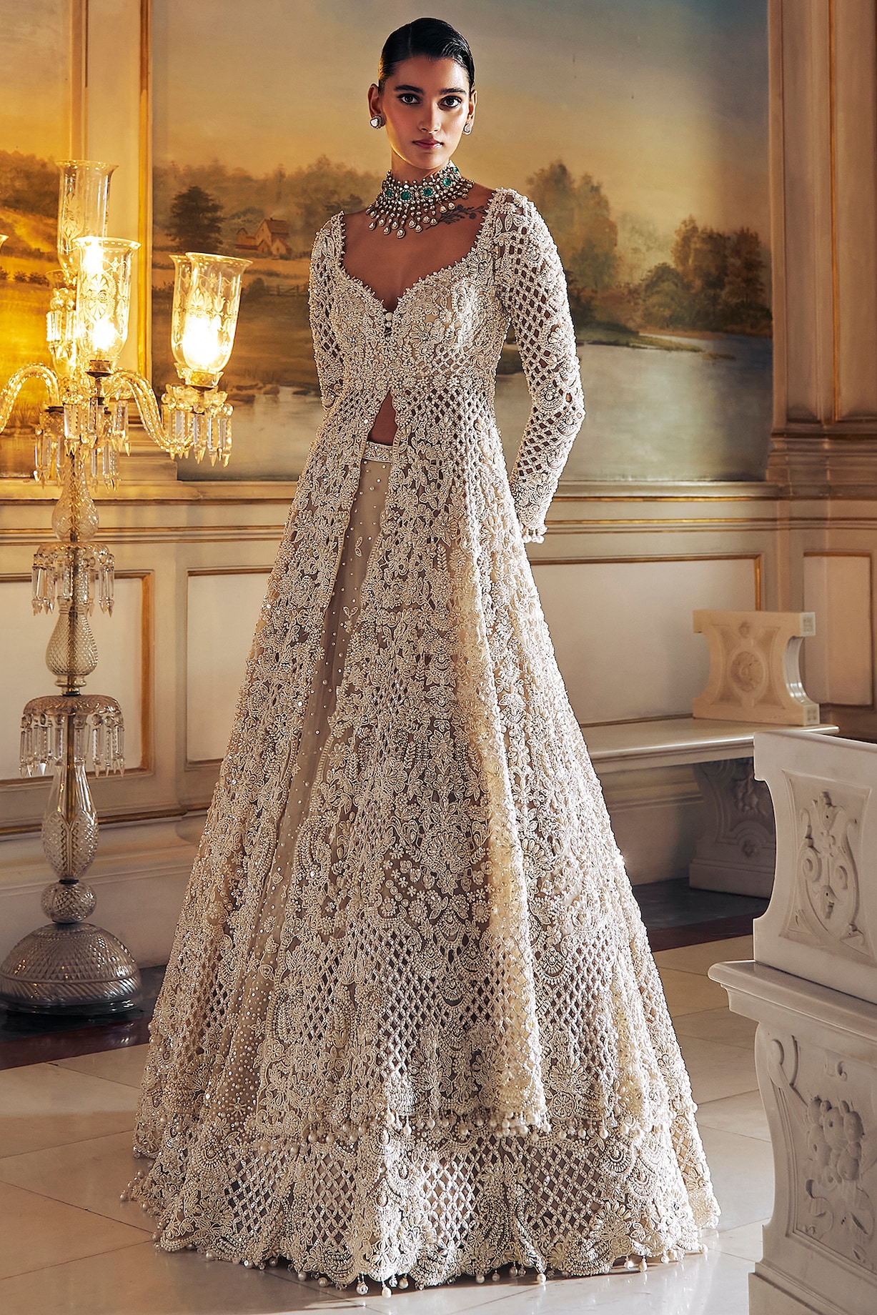 Pearl-Colored Net Cutwork Jacket Bridal Lehenga Set by Seema Gujral at ...