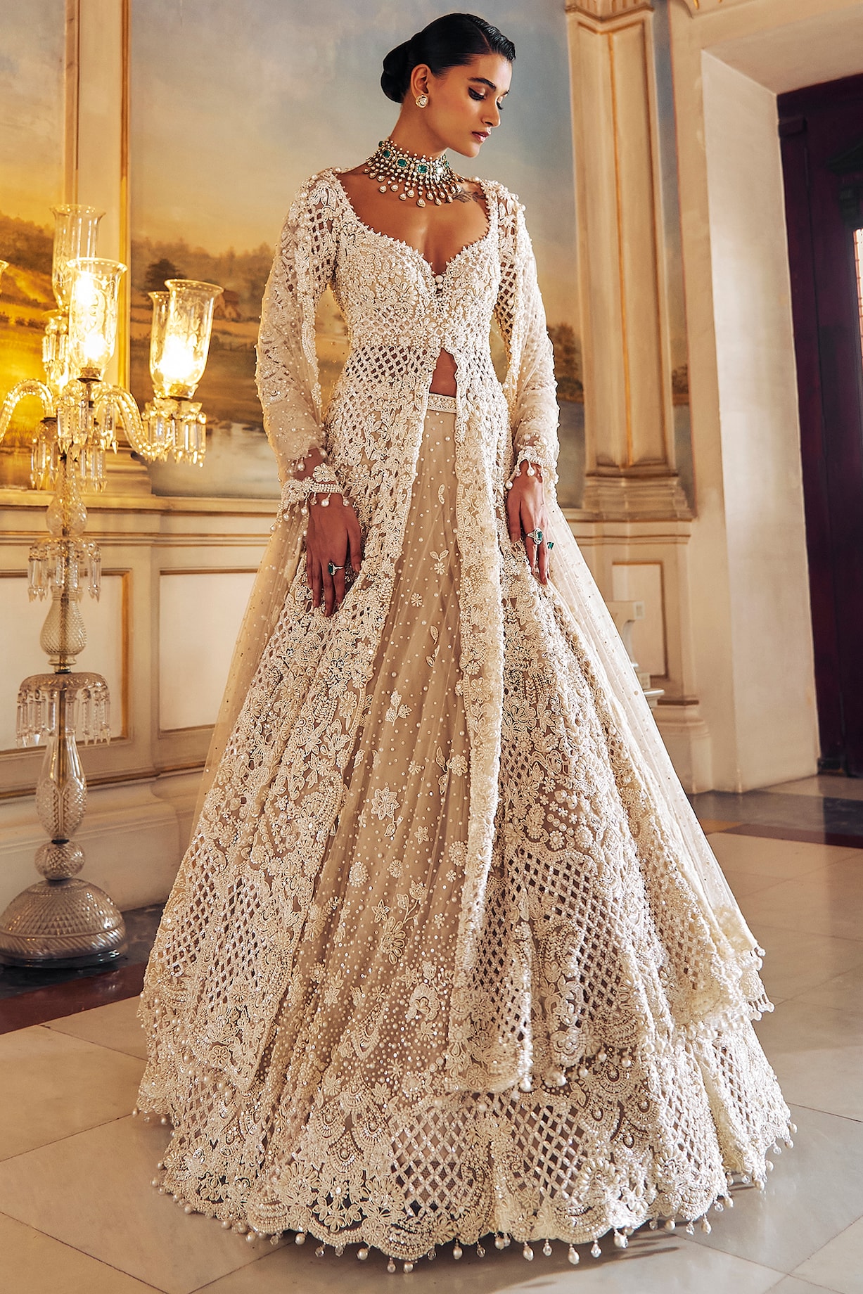 Pearl-Colored Net Cutwork Jacket Bridal Lehenga Set by Seema Gujral at ...