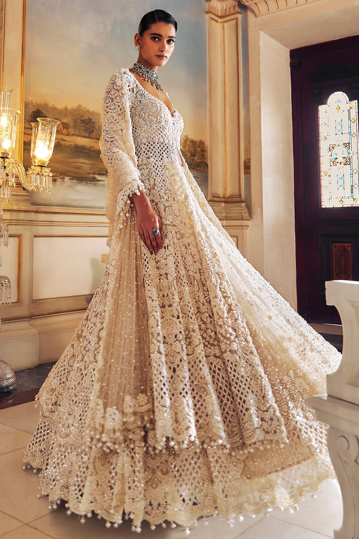 Pearl-Colored Net Cutwork Jacket Bridal Lehenga Set by Seema Gujral at ...