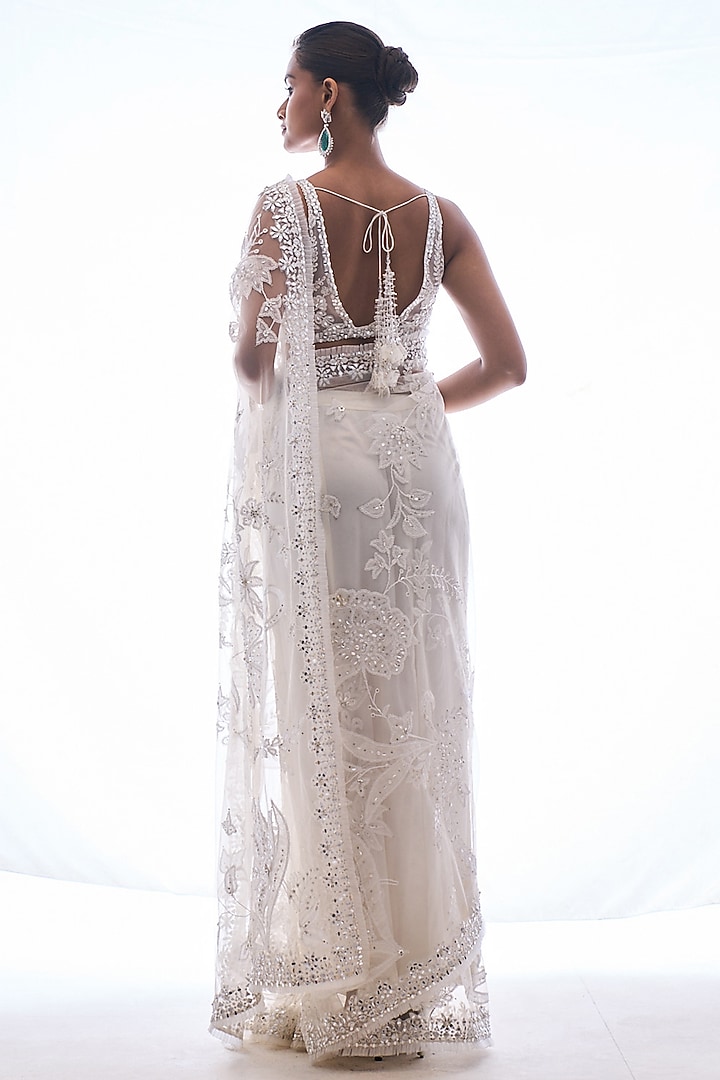 Ivory Net Floral Applique Embroidered Saree Set by Seema Gujral at ...