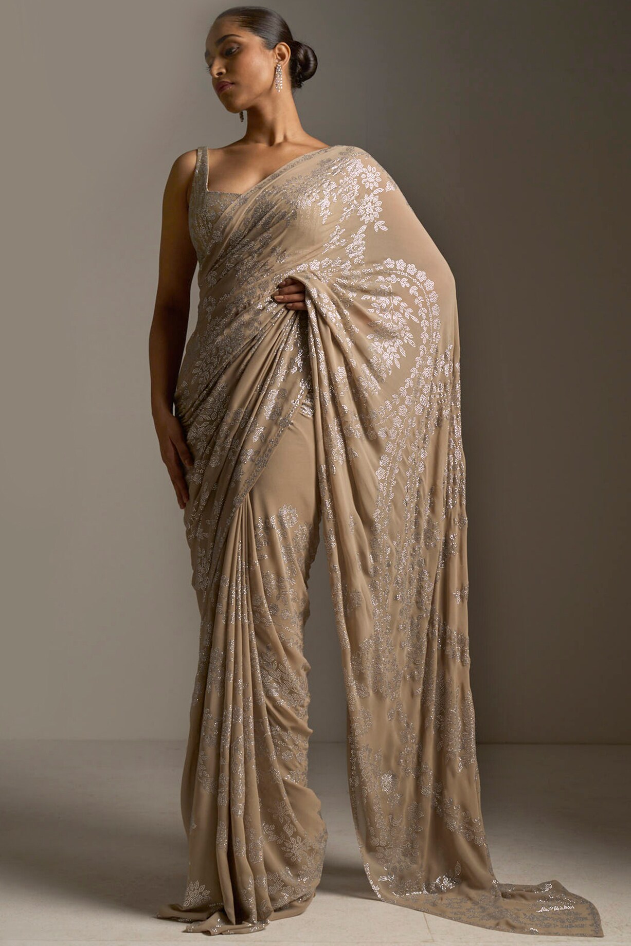 Champagne Saree With Crystal Work Design by Seema Gujral at Pernia's ...